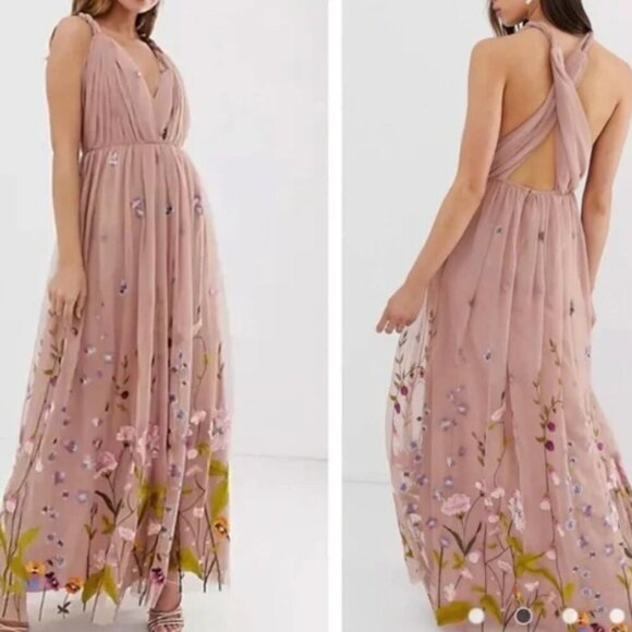 ASOS | Dresses | Asos Rose Tulle Maxi Floral Embroidered Long Lined ...